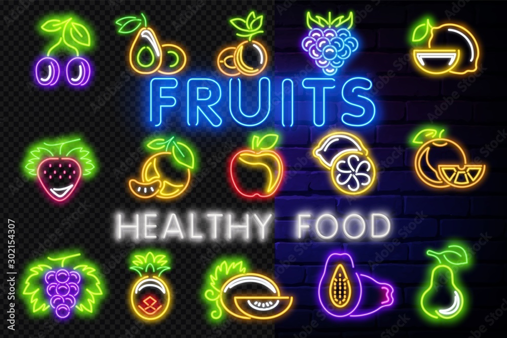 Set of neon icons of fruits and berries. Pear, cherry, tropical ...