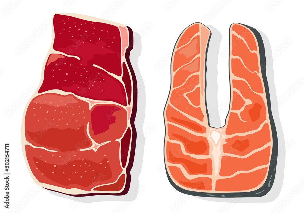 Beef and red fish steaks, fillet. Animal product for fitness people ...