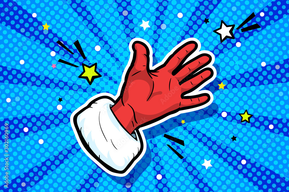 Hand of Santa Claus in red suit and mitten showing Gesture open palm ...