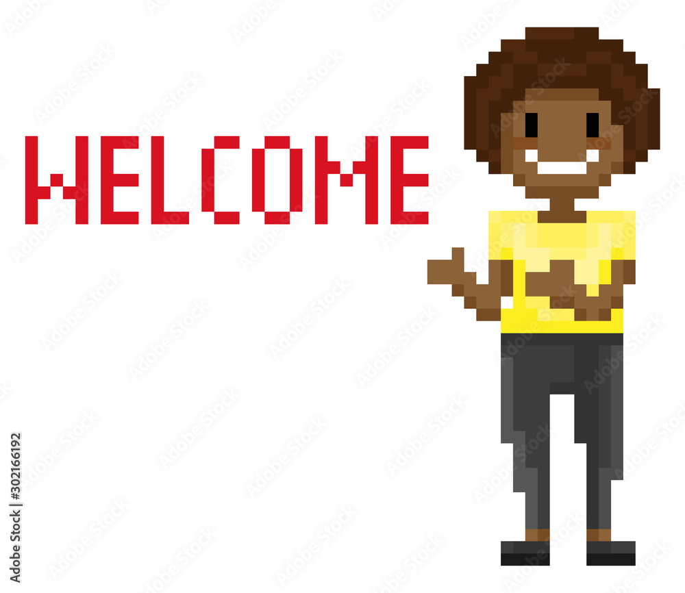 Welcome pixel art game vector, woman smiling greeting people, lady ...