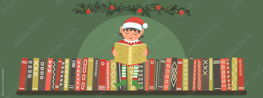 Cute Christmas elf reading book on bookshelf. Christmas, New Year ...
