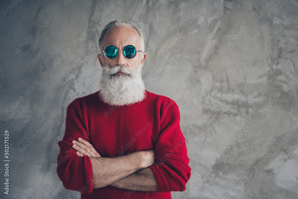 Portrait of serious harsh masculine old man cross hands look stunning ...