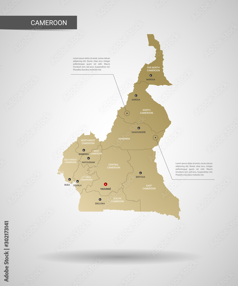 Stylized vector Cameroon map. Infographic 3d gold map illustration with ...