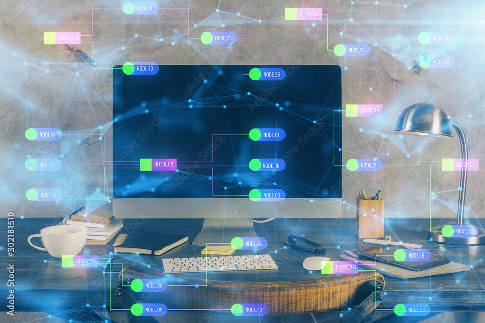 Technology theme drawing and table with computer. Double exposure ...