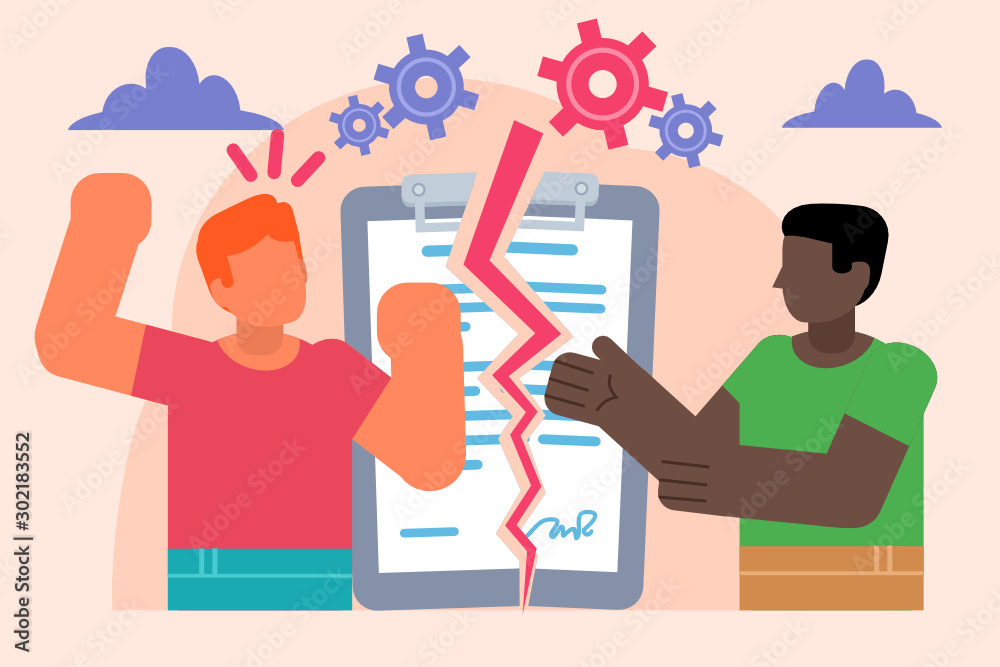 Contract or agreement termination, violation. Two businessmen argue, in ...