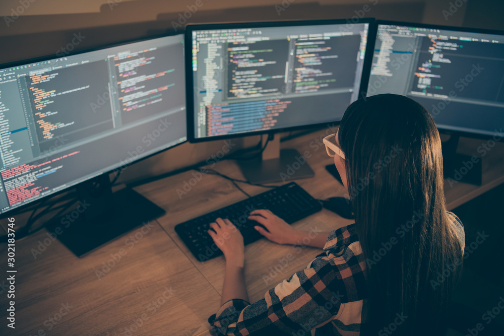 Top above high angle back rear view photo of concentrated smart coder ...