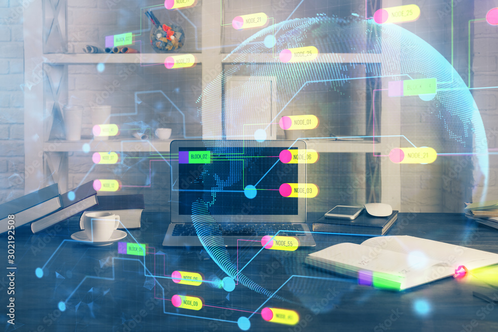 Technology theme drawing and work space with computer. Multi exposure ...