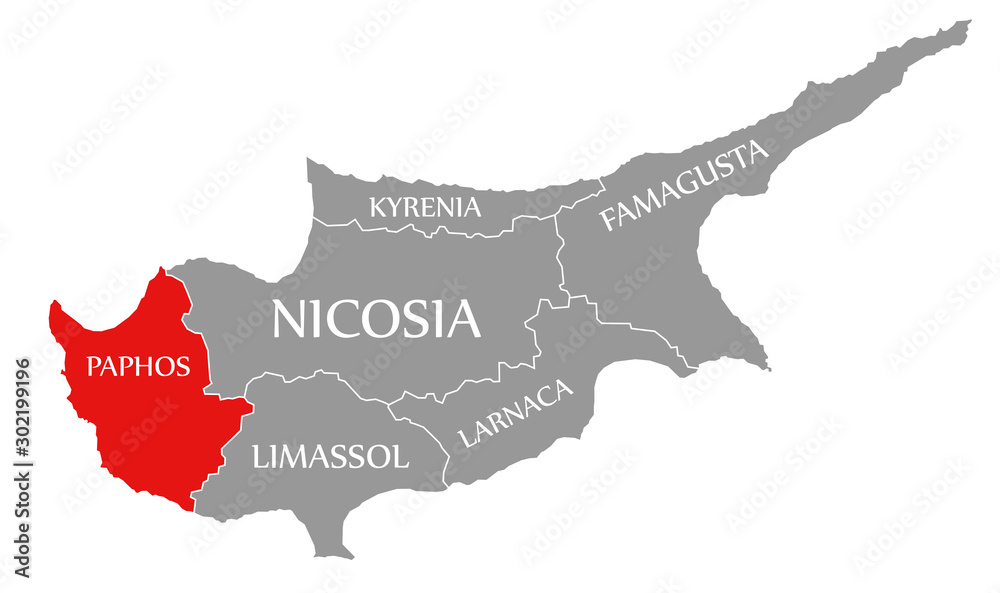 Paphos red highlighted in map of Cyprus Stock Illustration | Adobe Stock