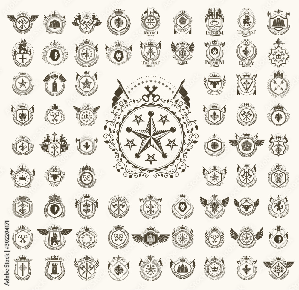 Classic style emblems big set, ancient heraldic symbols awards and ...
