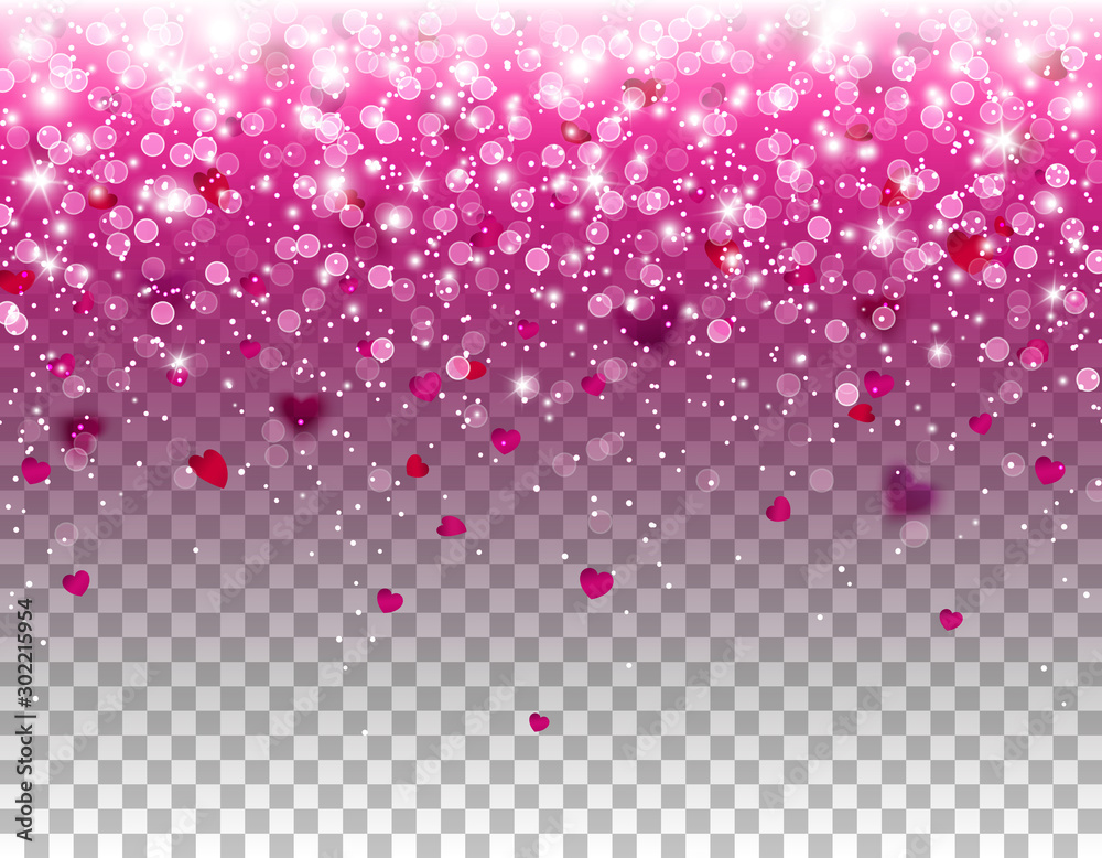 Vector pink hearts confetti falling effect. Glowing lights and stars ...