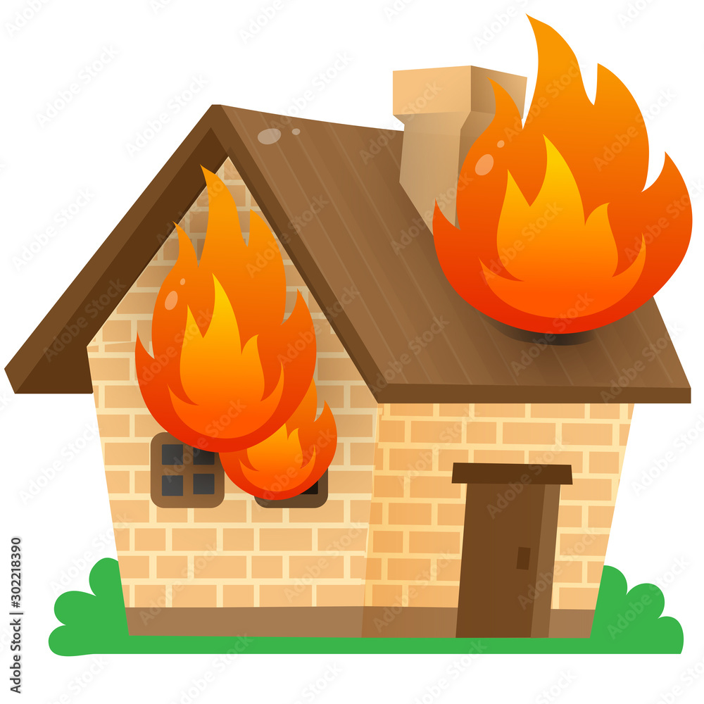Color image of house in fire on a white background. Fire, flame. Vector ...