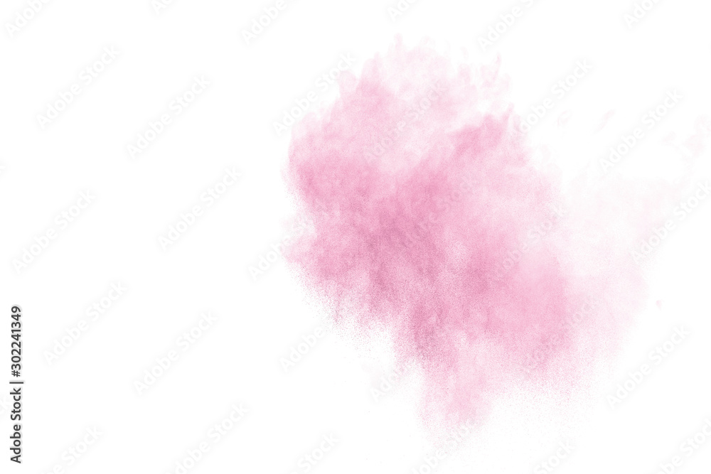 Explosion of pink colored powder isolated on white background.Pink dust ...