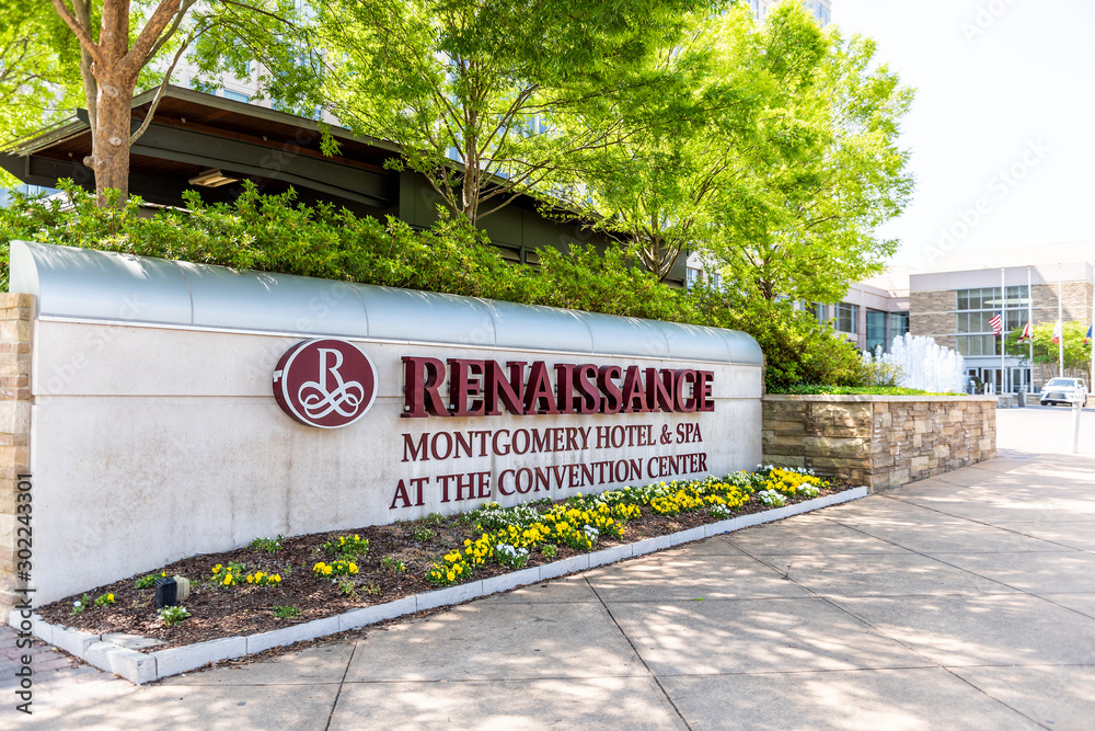 Montgomery, USA - April 21, 2018: Closeup red sign entrance for ...
