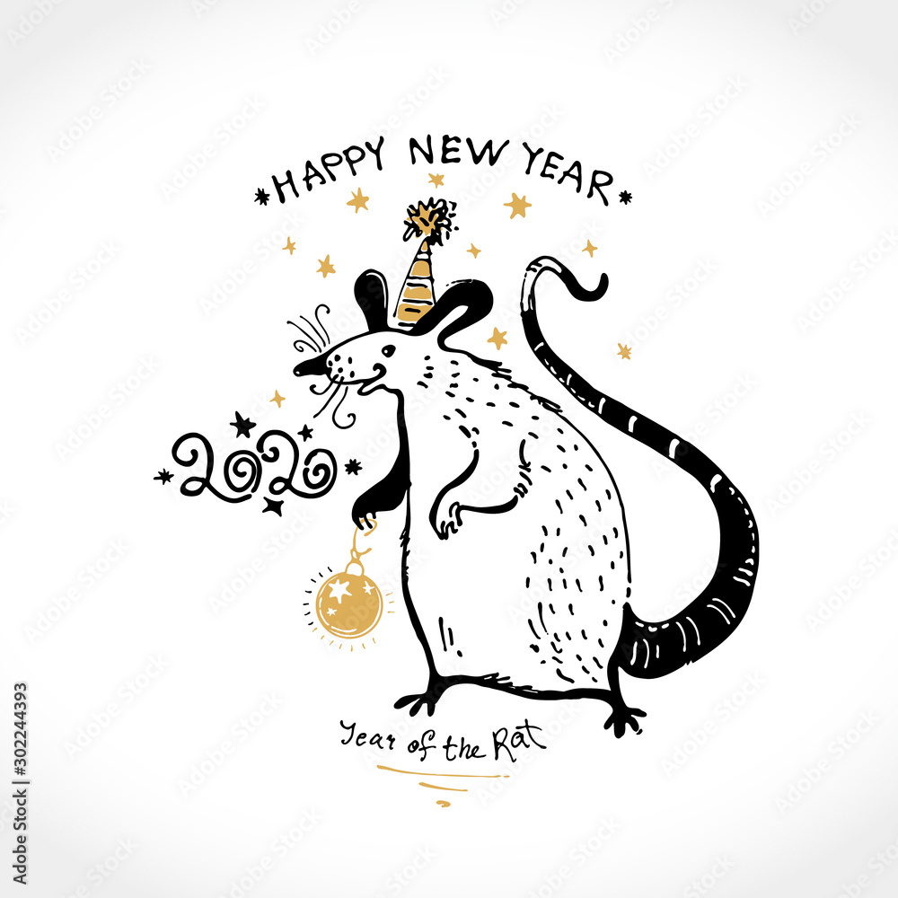 Cute hand drawn sketch illustration with funny Rat in a hat and with a ...