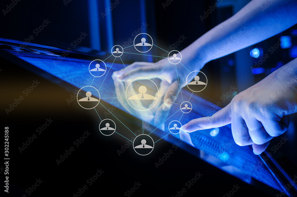 Human Relationship Network.Closeup hand of a man pointing finger and ...