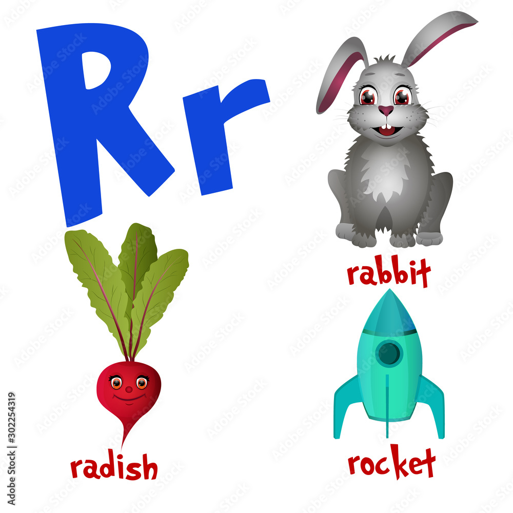 Vector cute kids cartoon alphabet. Letter R with rabbit, radish and ...