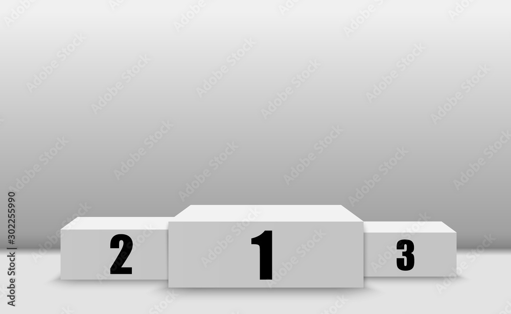 Realistic white podium with spotlights. Winner place. First place ...