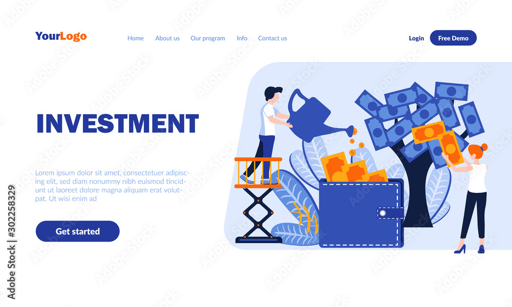 Investment flat landing page template with header. Profitable ...