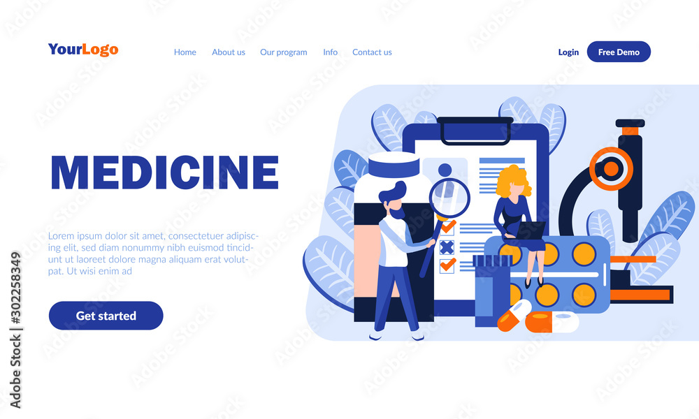 Medicine flat landing page template with header. Health examination and ...