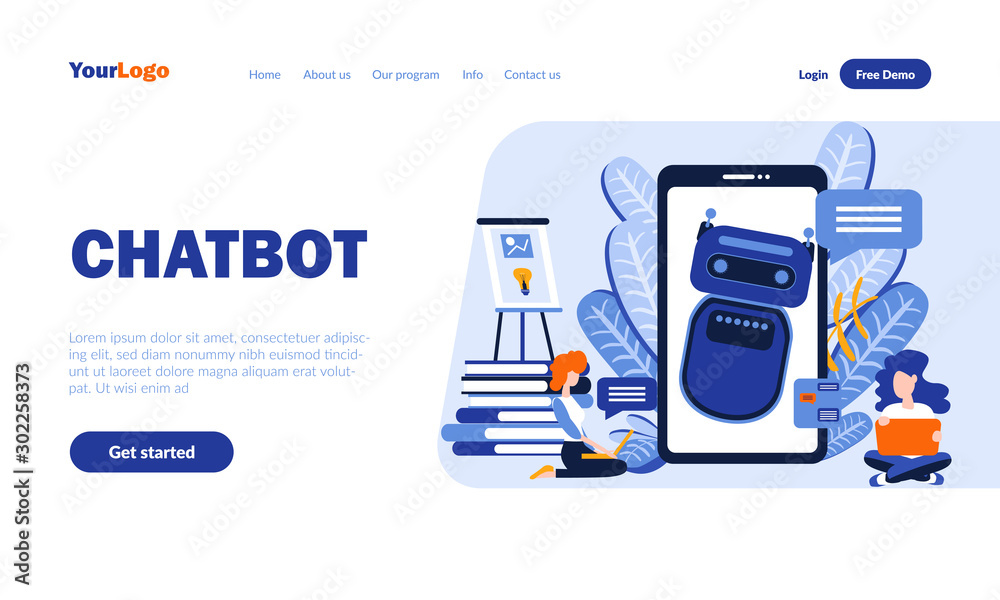 Chatbot flat landing page template with header. Online support, dialog ...
