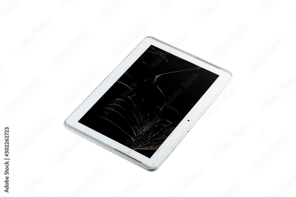 Tablet computer with broken glass screen isolated on white background ...
