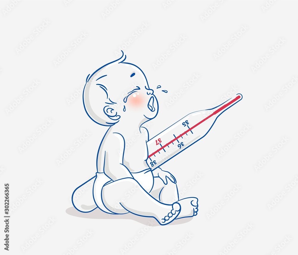 Cute little baby boy sitting on floor with huge thermometer and crying ...