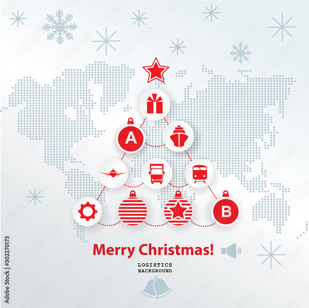 Christmas logistics card. Schematic christmas tree on schematic world ...