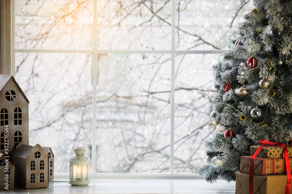 Fairytale winter christmas window and christmas object Stock Photo ...