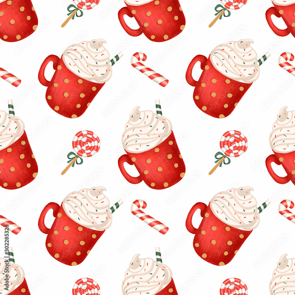 Seamless pattern of a mug of hot chocolate. Theme of the New Year ...