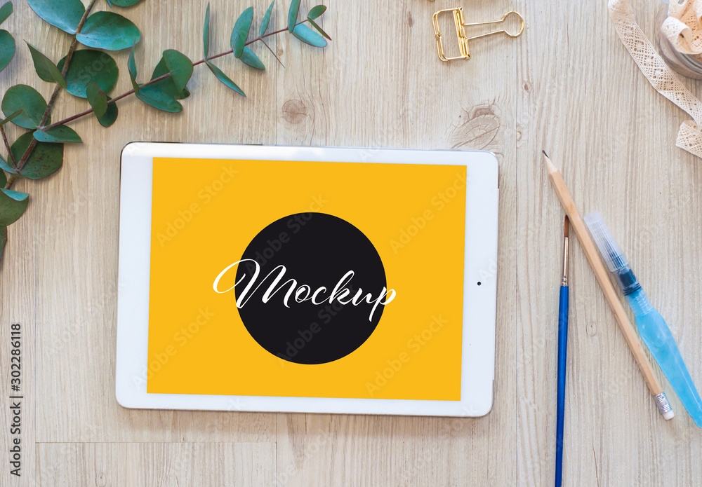 White Horizontal Tablet with Eucalyptus Mockup Stock Template | Adobe Stock