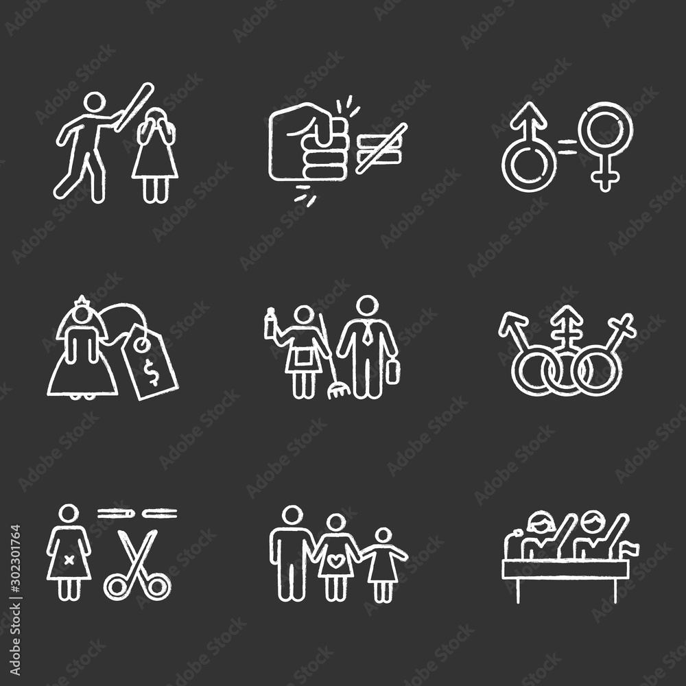 Gender Equality Chalk Icons Set Violance Against Woman Gender