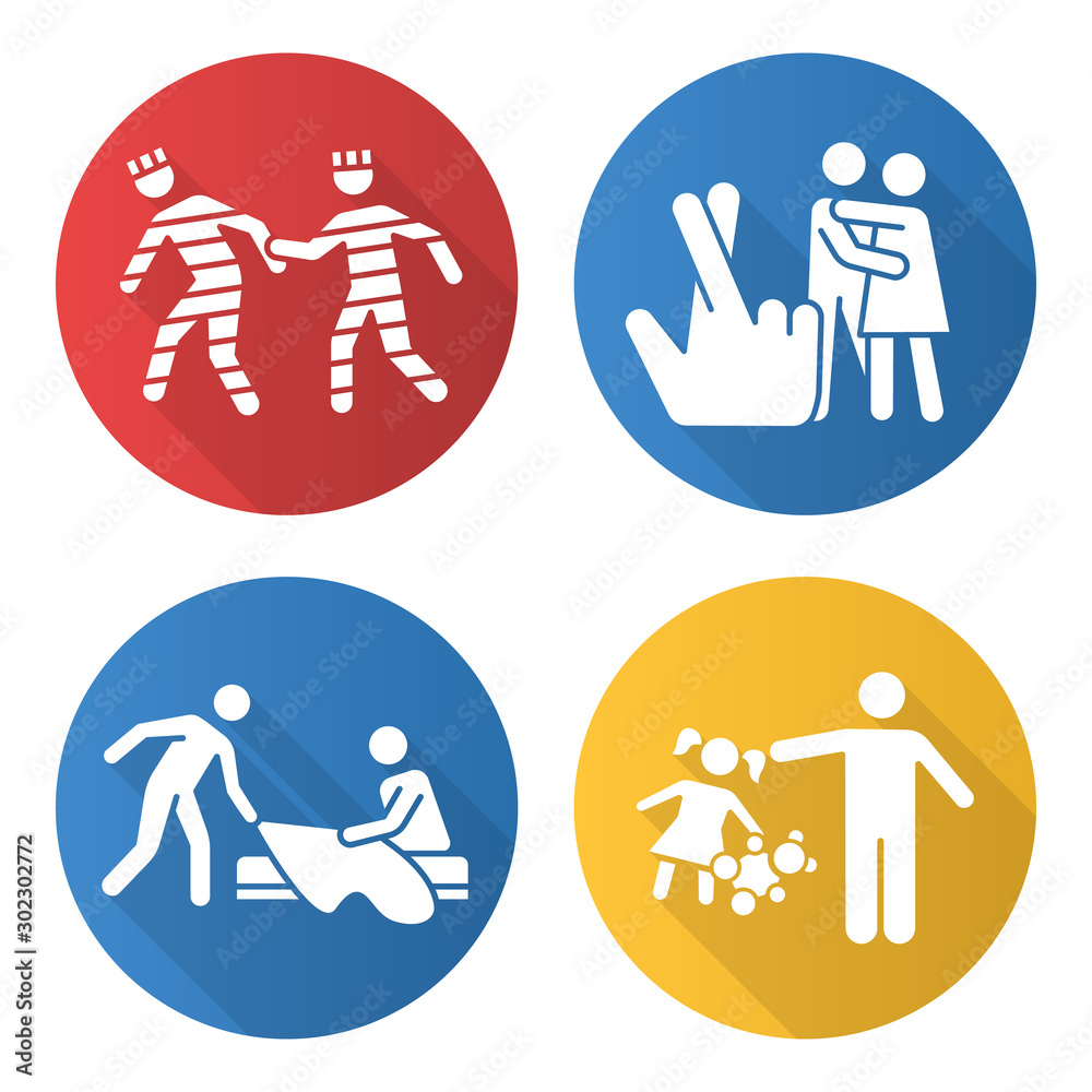 Different rape types flat design long shadow glyph icons set. Prison ...