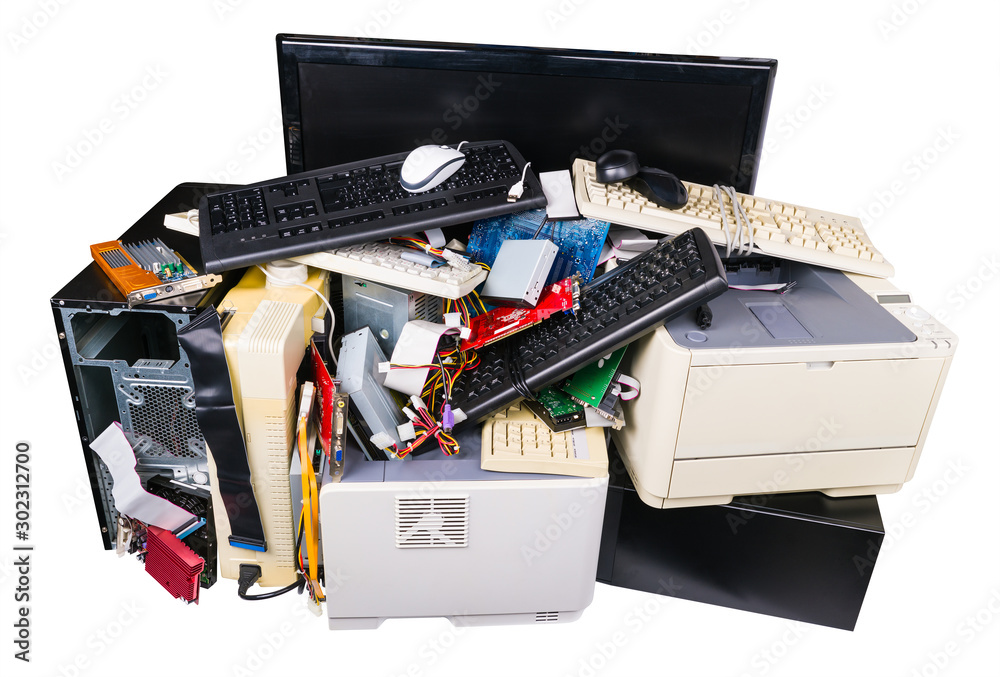 Pile of discarded computer parts isolated on white background. Used ...