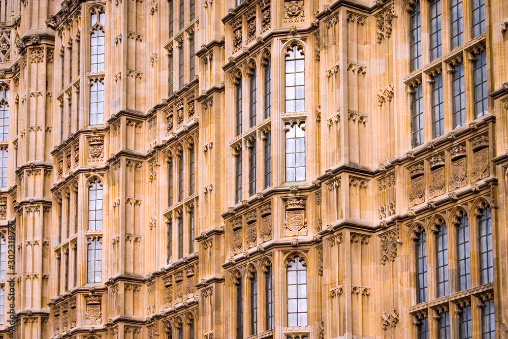 Houses of Parliament, London. Close, detail of the exterior façade to ...