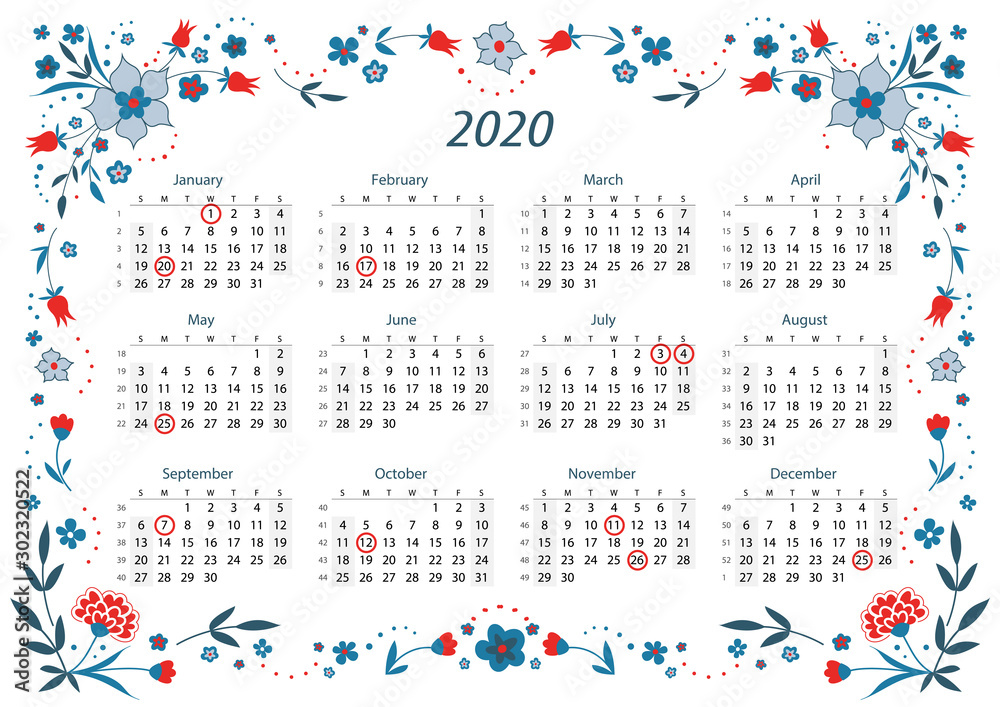 Decorative 2020 year calendar in English language, week starts from ...