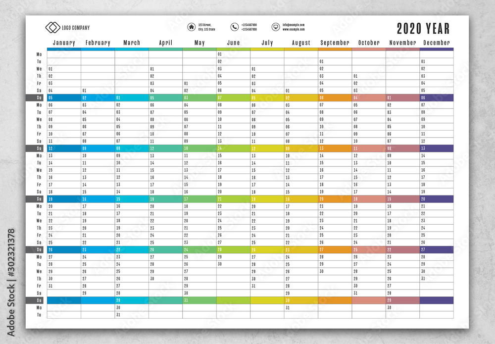 2020 Year Planner Layout with Rainbow Elements Stock Template | Adobe Stock