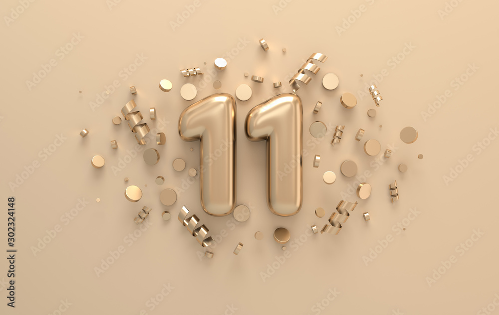 Golden 3d number 11 with festive confetti and spiral ribbons. Poster ...