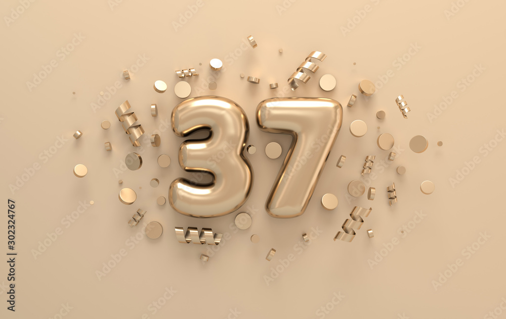Golden 3d number 37 with festive confetti and spiral ribbons. Poster ...