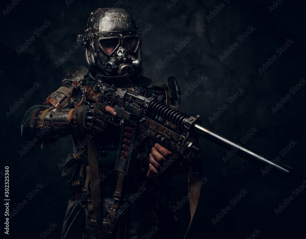 Unusual costume for Halloween - dark apocalypse warrior in metal gas ...