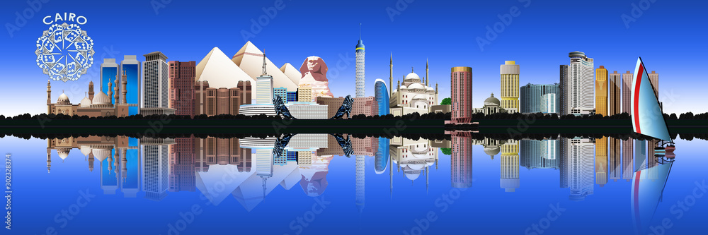 Cairo city skyline on a blue backdrop depicting main building landmarks ...