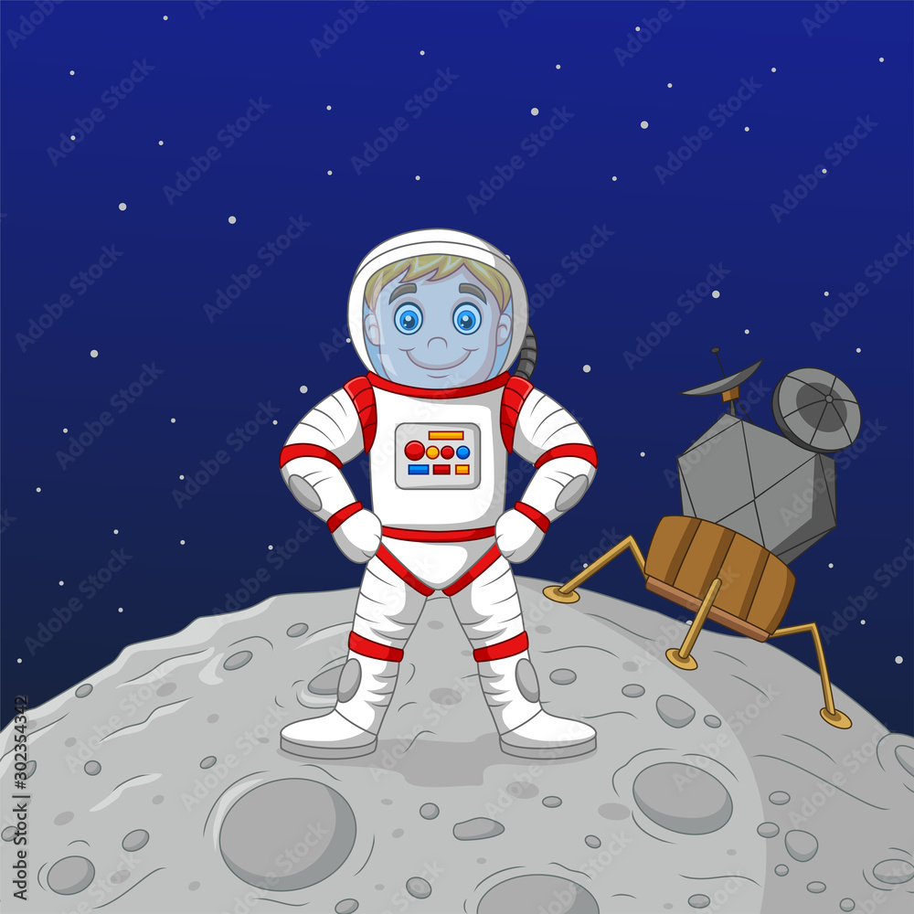 Cartoon boy astronaut standing on the moon Stock Vector | Adobe Stock