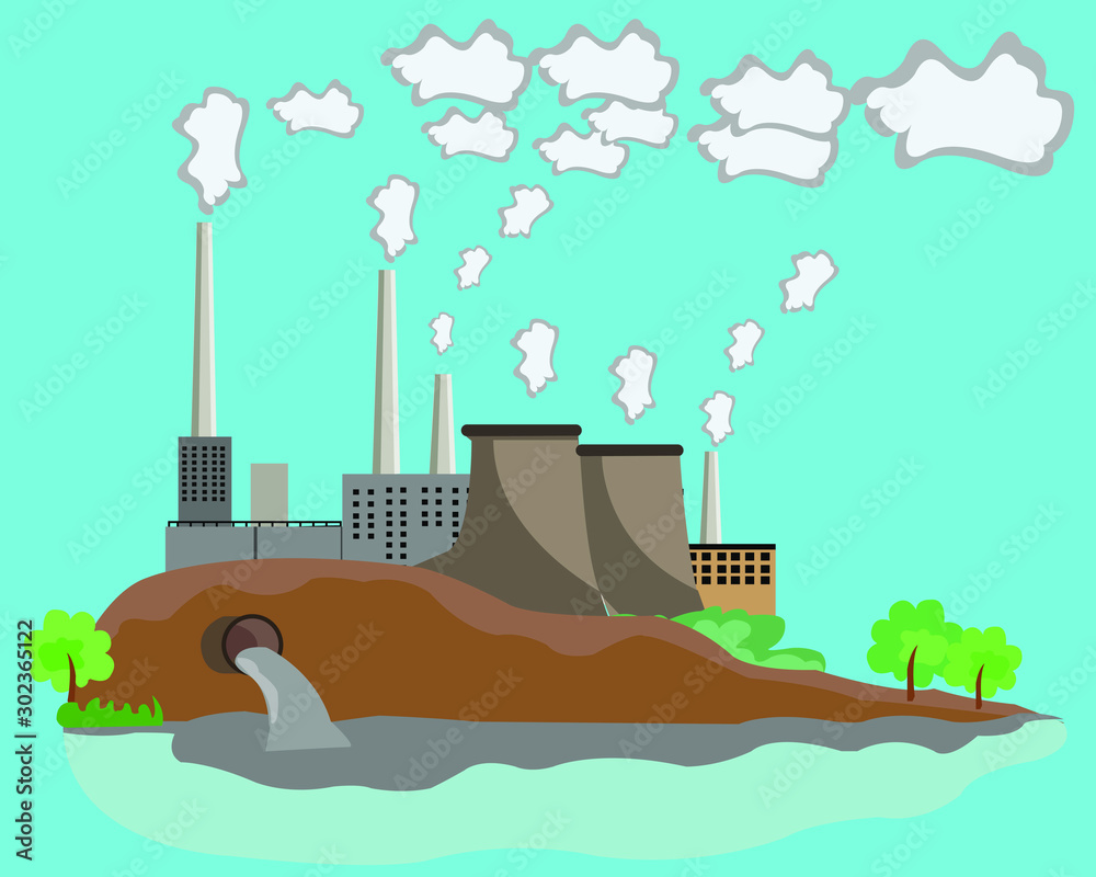 Factory discard chemical waste with a pipe into the river. Water ...