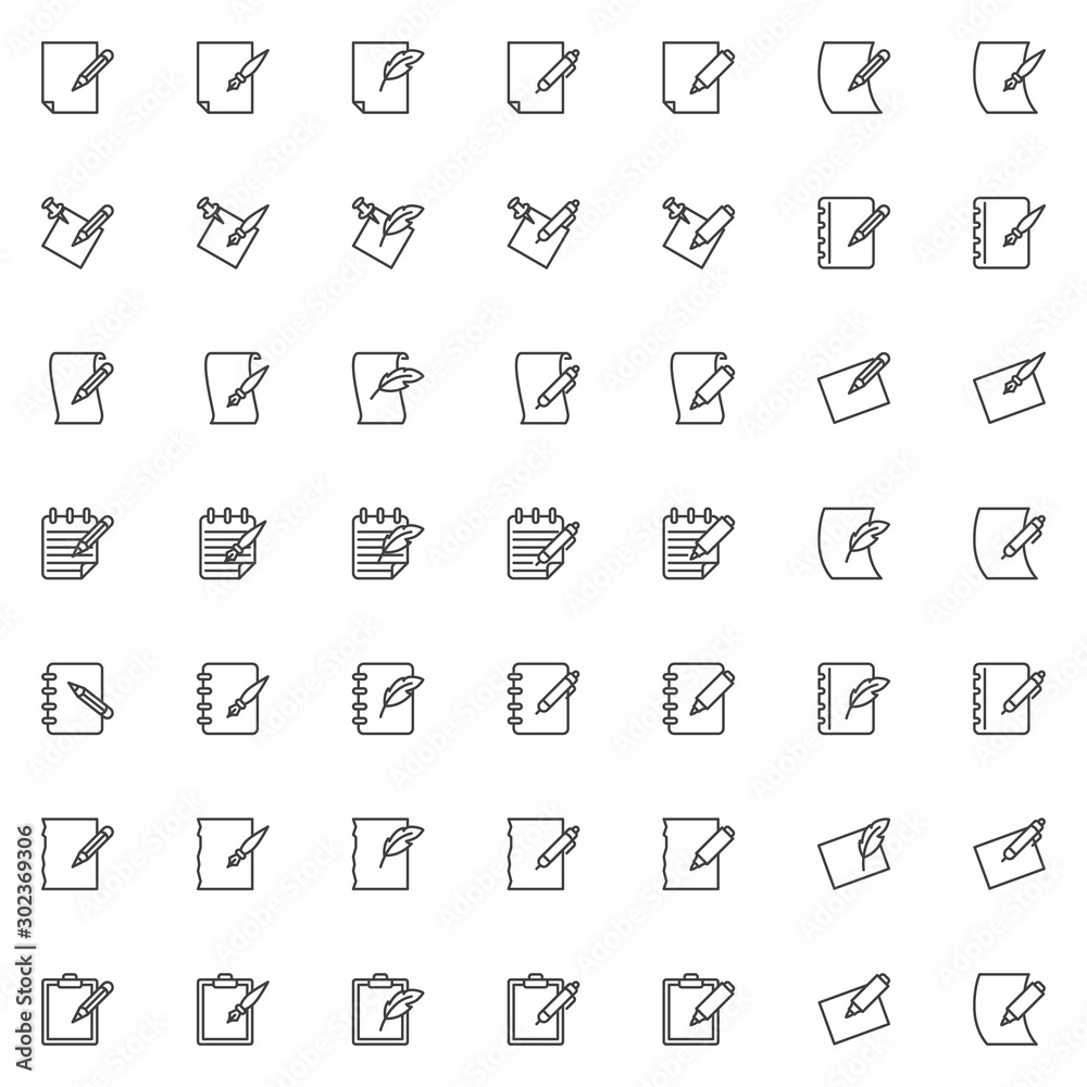 Paper and pen line icons set. Document edit linear style symbols ...