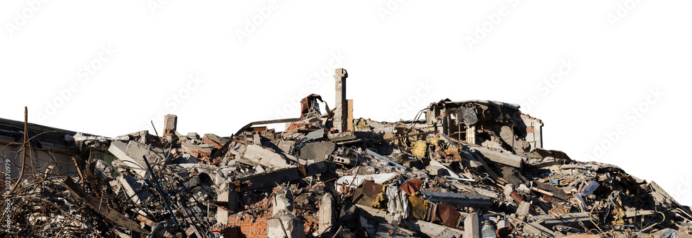Ruined building. A pile of concrete, rubble and reinforcement debris ...