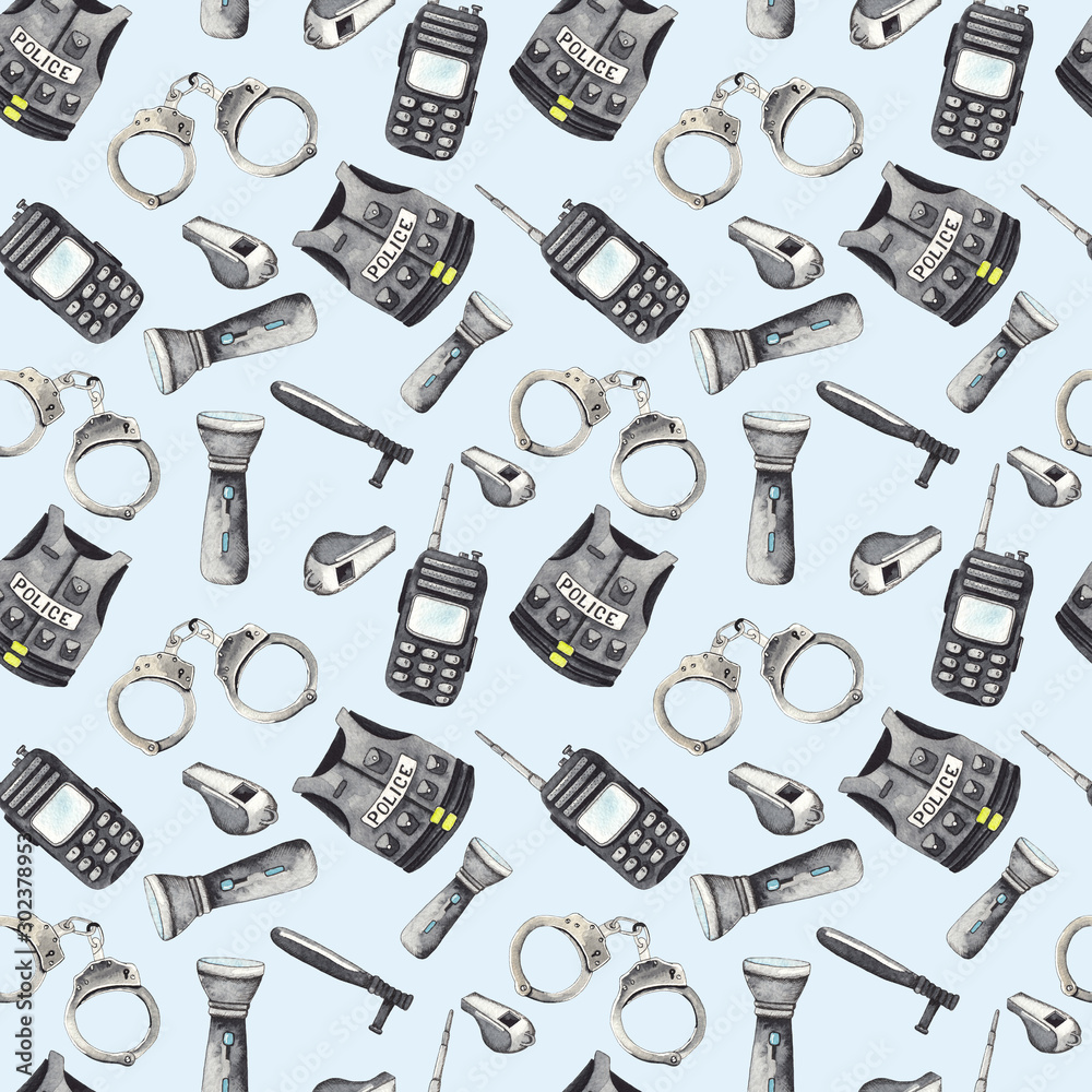 Watercolor cartoon cute seamless pattern Police illustration. Police ...