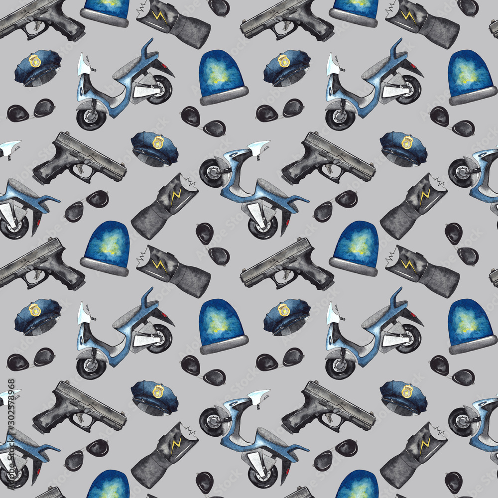 Watercolor cartoon cute seamless pattern Police illustration. Police ...