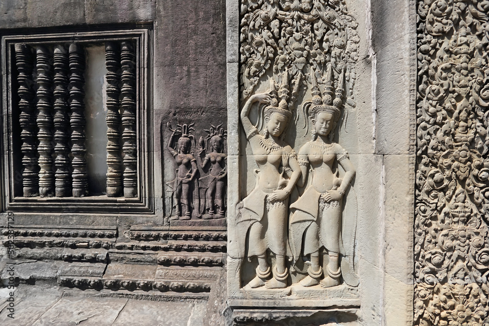 Detail of sculpted stone in Angkor Wat temple in Siem Reap, Cambodia ...