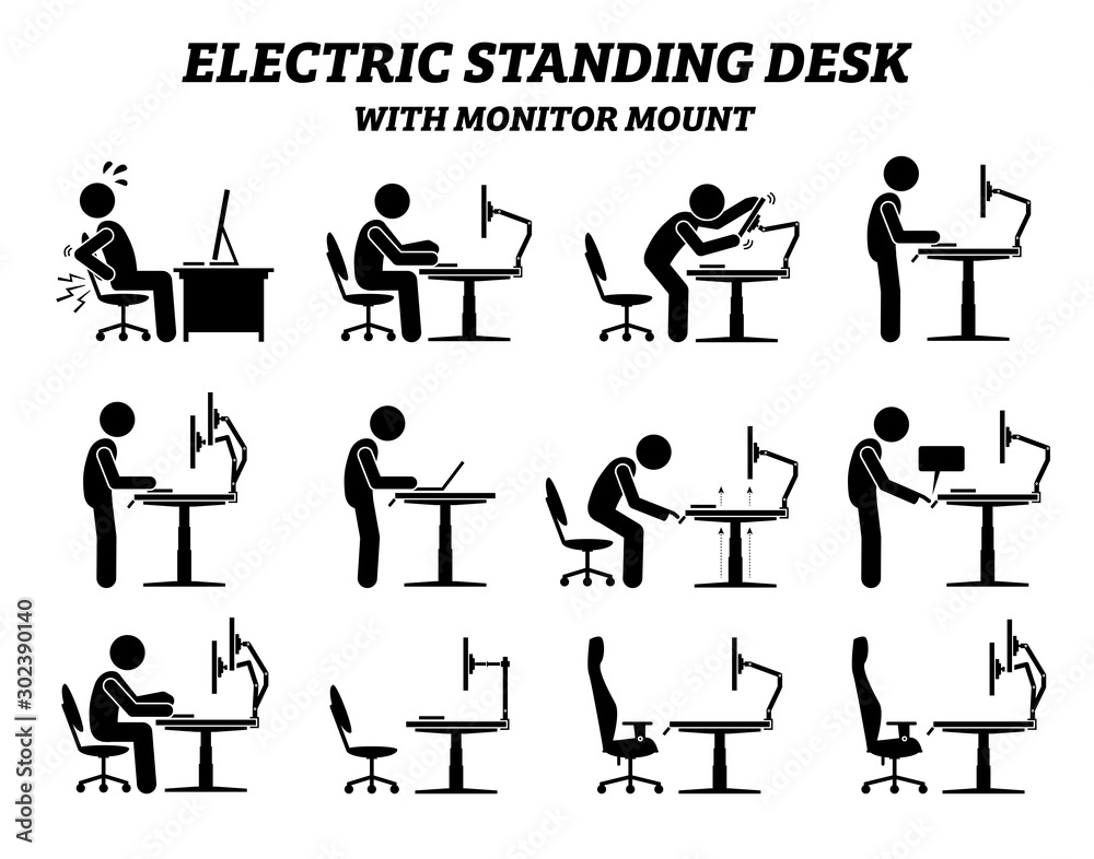 Ergonomic electric standing desk table with monitor mount. Stick figure ...
