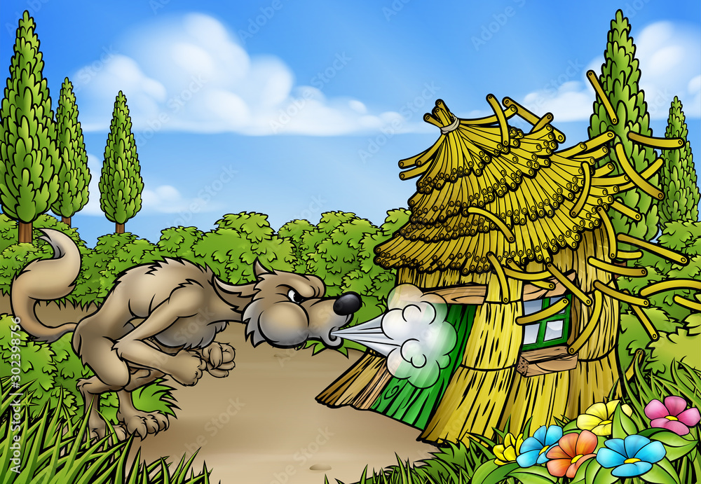 Poster Big bad wolf character from the three little pigs fairy tale blowing down the st ...