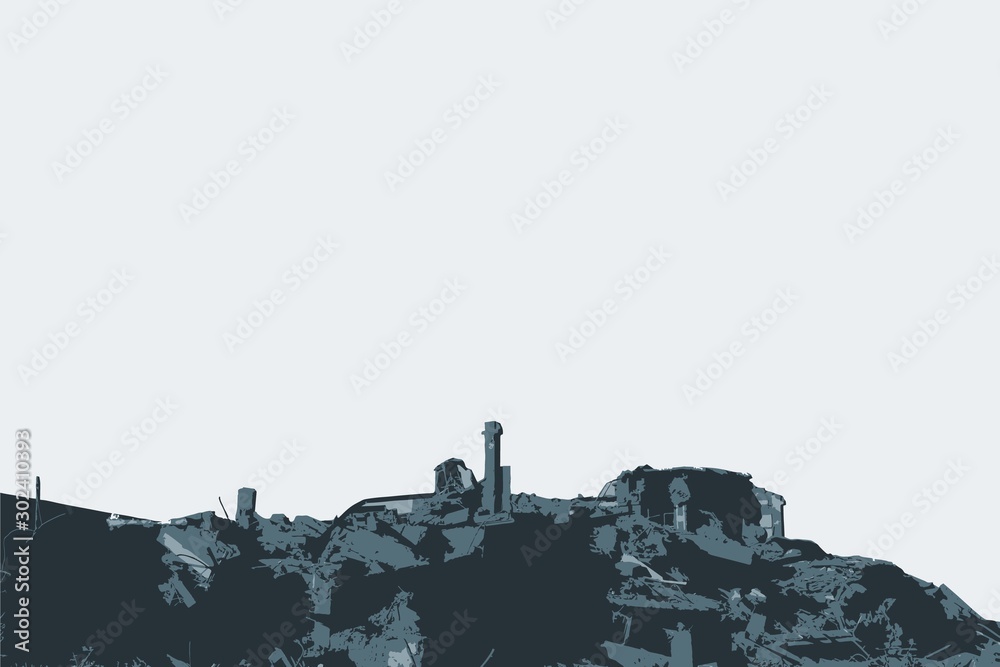 Ruined building. A pile of concrete, rubble and reinforcement debris ...